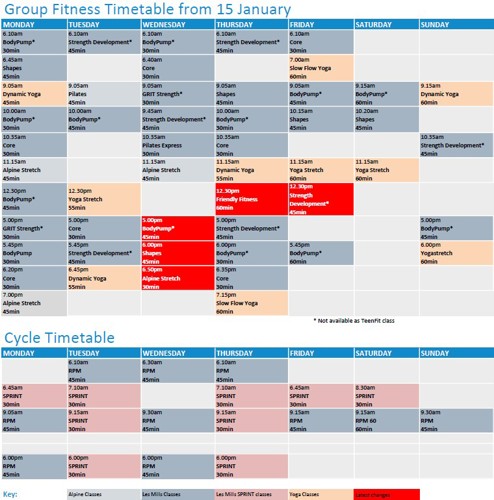 Group fitness timetable
